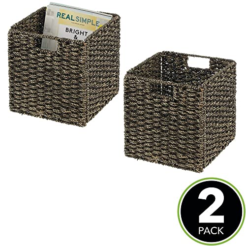 mDesign Seagrass Woven Cube Bin Basket Organizer with Handles - Storage for Bedroom, Home Office, Living Room, Bathroom, Shelf/Cubby Organization, Hold Blankets, Magazines, Books - 2 Pack, Black Wash