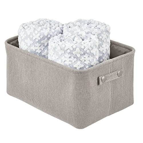 mDesign Soft Cotton Fabric Bathroom Storage Bin with Handles - Organizer for Towels, Toilet Paper Rolls - for Closets, Cabinets, Shelves - Textured Weave - Light Gray