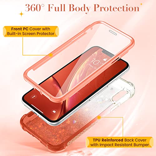 Ruky iPhone XR Case, Glitter Clear Full Body Rugged Liquid Cover with Built-in Screen Protector Shockproof Protective Girls Women Case for iPhone XR Cases 6.1 inches 2018 (Gradient Coral)