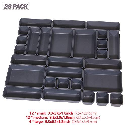 Set of 28 Interlocking Desk Drawer Organizer Tray Dividers Plastic Shallow Narrow Drawers Organizers Separators Storage Bins Container for Kitchen Bathroom Makeup Office Vanity Bedroom Dresser