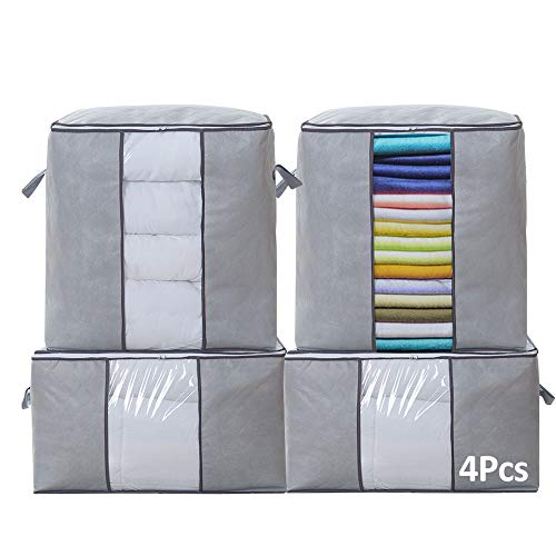 Daily Treasures Extra Large Blanket Bags, 4Pcs Fabric Clothes Storage Bags - with Clear Window & Reinforce Handles, Perfect for Blankets, Comfoters, Sweater Storage(Grey)