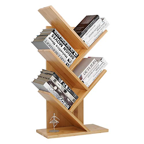 Tree Bookshelf, Bamboo Wood Bookcase Rack 4-Tier Book Rack, Free-Standing Holder Organizer, Book Storage Organizer Shelves, Books/CDs/Albums/Files Holder, Display Storage Rack for Home, Office