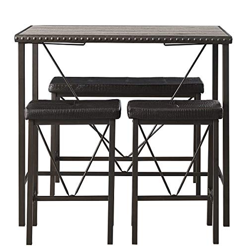 O&K FURNITURE Bar Table and Chairs Set of 4, Industrial Dining Table Set with Glass Holder, Kitchen Table with Upholstered Bench and Stools, Counter Height Pub Table Set for Small Space(Gray)