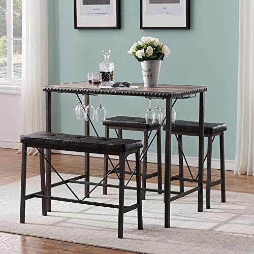 O&K FURNITURE Bar Table and Chairs Set of 4, Industrial Dining Table Set with Glass Holder, Kitchen Table with Upholstered Bench and Stools, Counter Height Pub Table Set for Small Space(Gray)