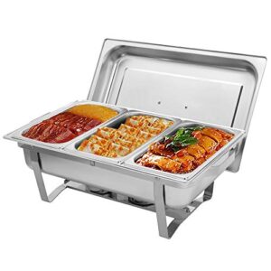 rovsun 8 quart chafing dish buffet set, stainless steel catering serve chafer, restaurant food warmer, rectangular buffet stove with 3 1/3 size food pans and foldable frame for party (1 pack)