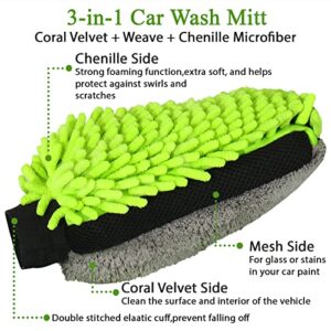 GreatCool Car Wash Collapsible Bucket with 3-in-1 Car Wash Mitt, Coral Velvet + Weave + Chenille Microfiber Glove Sponge, 10L (2.6 Gallon) Portable Folding Basin Pail for Car Household Cleaning