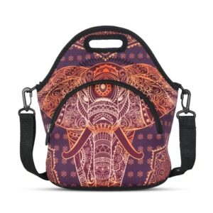 violet mist neoprene thermal insulated lunch tote bag soft large with extra pocket detachable adjustable shoulder lunchbox handbags women men, retro elephant 2