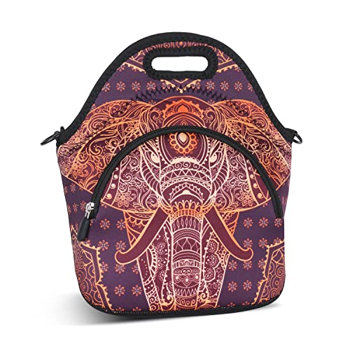 Violet Mist Neoprene Thermal Insulated Lunch Tote Bag Soft Large with Extra Pocket Detachable Adjustable Shoulder Lunchbox Handbags Women men, Retro Elephant 2