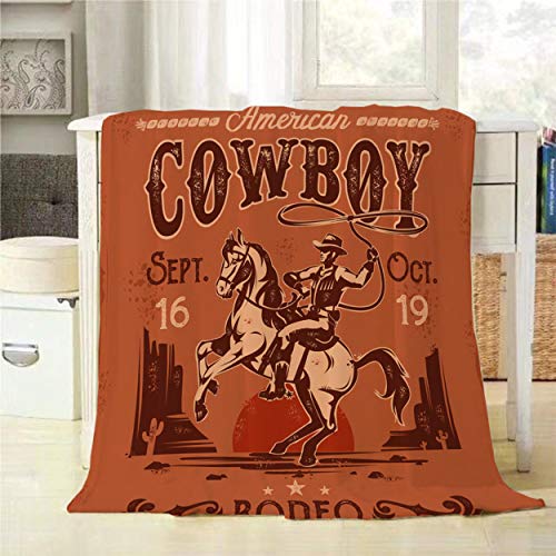 Mugod Cowboy Throw Blanket Rodeo Poster with a Cowboy Sitting on a Rearing Horse in Retro Style Decorative Soft Warm Cozy Flannel Plush Throws Blankets for Baby Toddler Dog Cat 30 X 40 Inch