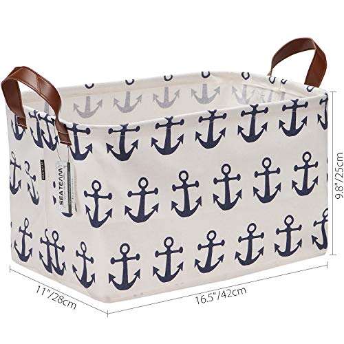 Sea Team Large Size Canvas Storage Bin Collapsible Shelf Basket Toy Organizer with Nautical Anchor Pattern, 16.5 by 11.8 inches, Navy Blue