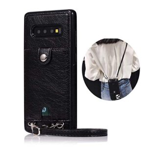 jaorty pu leather wallet case for samsung galaxy s10 plus necklace lanyard case cover with card holder adjustable detachable anti-lost neck strap case for samsung galaxy s10 plus,black