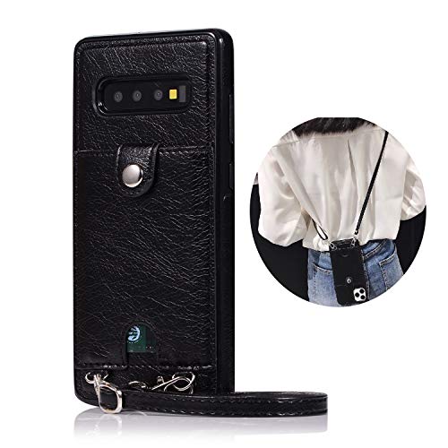 Jaorty PU Leather Wallet Case for Samsung Galaxy S10 Plus Necklace Lanyard Case Cover with Card Holder Adjustable Detachable Anti-Lost Neck Strap Case for Samsung Galaxy S10 Plus,Black