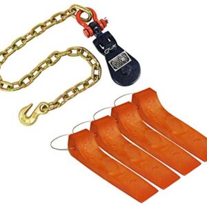 Mytee Products Tow Truck Kit - (1) 2 Ton 3" Snatch Block w/Chain & (4) Tire Skates for Tow Truck Safety Orange - Flatbed Tow Truck Rollback Wrecker Car Carrier Cable