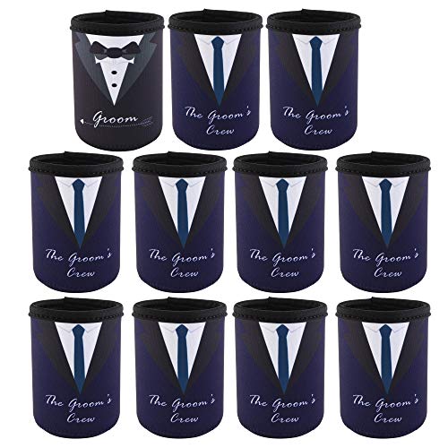 CM Groom and Groom's Crew Soft Neoprene Can Sleeves Covers for Regular Standard 12 Fluid Ounce Drink & Beer Cans for Wedding Party Groomsman Party Groomsman Gifts Bachelor Party, 11 Pcs