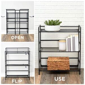 Flipshelf Folding Metal Bookcase-Small Space Solution-No Assembly-Home, Kitchen, Bathroom and Office Black, 3 Shelves, Wide