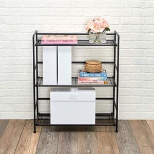 Flipshelf Folding Metal Bookcase-Small Space Solution-No Assembly-Home, Kitchen, Bathroom and Office Black, 3 Shelves, Wide