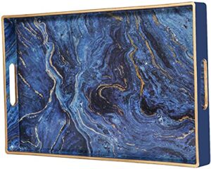 zosenley decorative tray, marbling plastic tray with handles, rectangular vanity tray and serving tray for bathroom, kitchen, ottoman and coffee table, 15.6” x 10.2”, blue