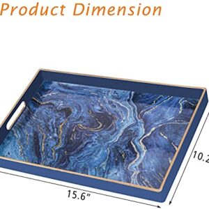 Zosenley Decorative Tray, Marbling Plastic Tray with Handles, Rectangular Vanity Tray and Serving Tray for Bathroom, Kitchen, Ottoman and Coffee Table, 15.6” x 10.2”, Blue