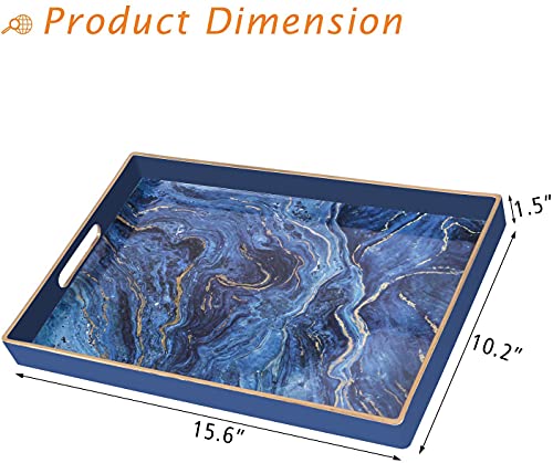 Zosenley Decorative Tray, Marbling Plastic Tray with Handles, Rectangular Vanity Tray and Serving Tray for Bathroom, Kitchen, Ottoman and Coffee Table, 15.6” x 10.2”, Blue