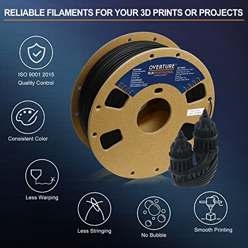 OVERTURE PLA Plus (PLA+) Filament 1.75mm PLA Professional Toughness Enhanced PLA Roll, Cardboard Spool, Premium PLA 1kg(2.2lbs), Dimensional Accuracy 99% Probability +/- 0.03mm (Black)