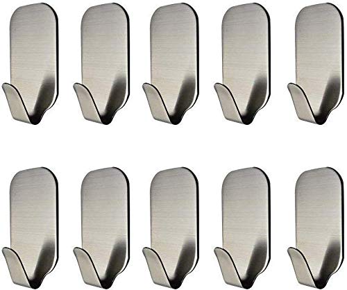 10 Pcs Adhesive Hook (Hold 8 lb Each) Heavy Duty 304 Stainless Steel Hanging for Bath Towel Coat Hat Hooks Kitchen Wall Storage Organizer