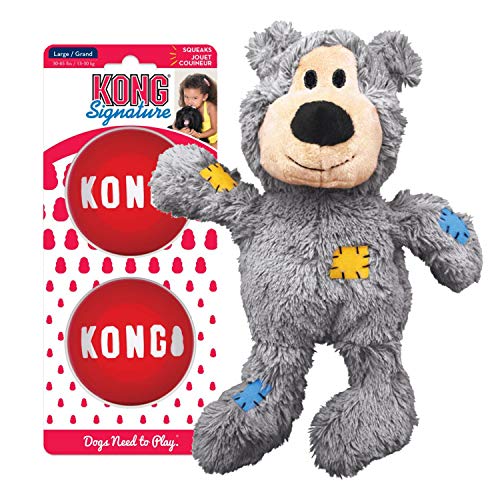 KONG Wild Knots Bear & Signature Balls 2 Pack - Dog Chew Toy for Aggressive Chewers - Dog Ball to Aid Boredom - Plush Toy & Squeak Balls for Snuggling & Fetch/Retrieve - Medium Dogs