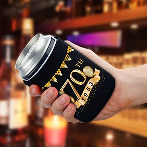 Yangmics 70th Birthday Can Cooler Sleeves Pack of 12- 1953 Sign - 70th Anniversary Decorations - Dirty 70th Birthday Party Supplies - Black and Gold Seventieth Birthday Cup Coolers