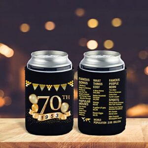 Yangmics 70th Birthday Can Cooler Sleeves Pack of 12- 1953 Sign - 70th Anniversary Decorations - Dirty 70th Birthday Party Supplies - Black and Gold Seventieth Birthday Cup Coolers