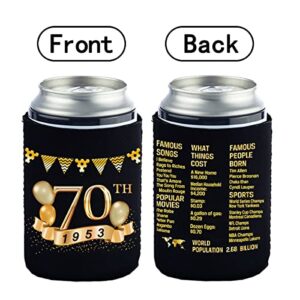 Yangmics 70th Birthday Can Cooler Sleeves Pack of 12- 1953 Sign - 70th Anniversary Decorations - Dirty 70th Birthday Party Supplies - Black and Gold Seventieth Birthday Cup Coolers