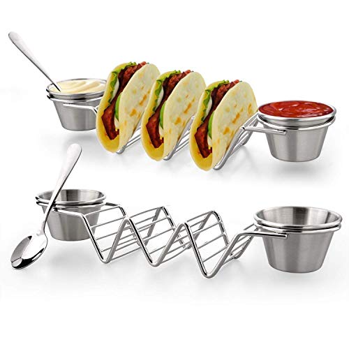 Upgrade Taco Shell Stand Up Holders- 2 Pack Premium Stainless Steel Taco Tray with 4 Salad Cups & 2 Spoons,Holds 3 Tacos Each Keeping Shells Upright & Neat