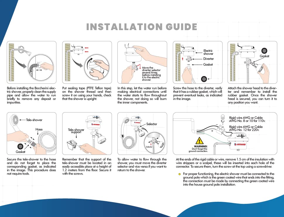 BOCCHERINI Electric Shower Head Water Heater For Bathroom 110V / 120V Ducha Electrica Para Agua Caliente Regadera Duchas Electricas / 3 Temperature Water Selector