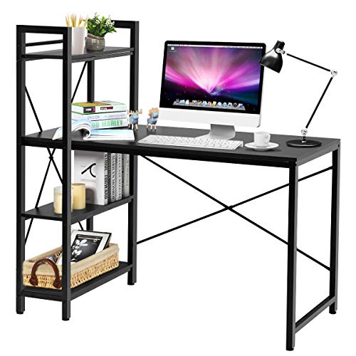 Tangkula Computer Desk with 4 Tier Shelves, Study Writing Table with Storage Bookshelves, Modern Compact Home Office Workstation, 47.5" Tower Desk with Steel Frame & Adjustable Feet Pad, Black