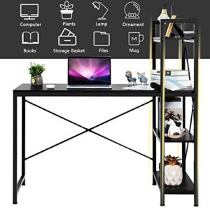 Tangkula Computer Desk with 4 Tier Shelves, Study Writing Table with Storage Bookshelves, Modern Compact Home Office Workstation, 47.5" Tower Desk with Steel Frame & Adjustable Feet Pad, Black