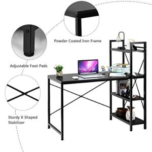 Tangkula Computer Desk with 4 Tier Shelves, Study Writing Table with Storage Bookshelves, Modern Compact Home Office Workstation, 47.5" Tower Desk with Steel Frame & Adjustable Feet Pad, Black