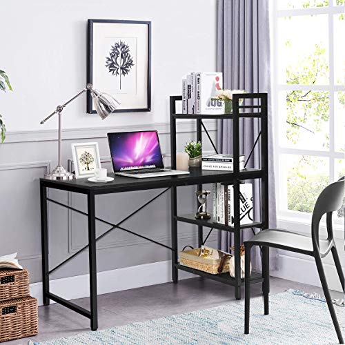 Tangkula Computer Desk with 4 Tier Shelves, Study Writing Table with Storage Bookshelves, Modern Compact Home Office Workstation, 47.5" Tower Desk with Steel Frame & Adjustable Feet Pad, Black