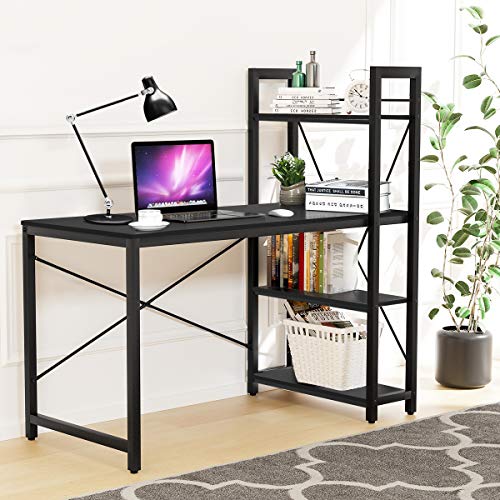 Tangkula Computer Desk with 4 Tier Shelves, Study Writing Table with Storage Bookshelves, Modern Compact Home Office Workstation, 47.5" Tower Desk with Steel Frame & Adjustable Feet Pad, Black