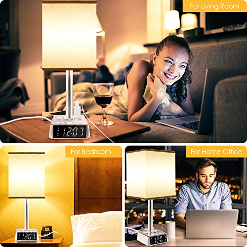 Table Lamp - Bedside Lamp with 4 USB Ports and AC Power Outlets, Alarm Clock Base w/ 6Ft Extension Cord, Square Oatmeal Fabric Lampshade Modern Accent Nightstand Lamps for Bedrooms Living Room