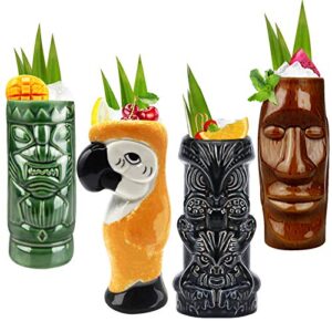 tiki mugs cocktail set of 4 - tumblers ceramic hawaiian luau party mugs drinkware, cute exotic cocktail glasses, tiki bar professional hawaiian party barware, tkset0003 (4pcs)