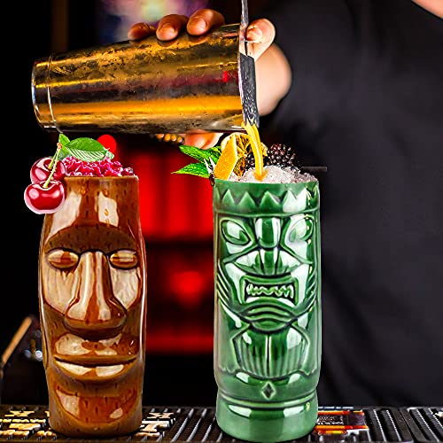 Tiki Mugs Cocktail Set of 4 - Tumblers Ceramic Hawaiian Luau Party Mugs Drinkware, Cute Exotic Cocktail Glasses, Tiki Bar Professional Hawaiian Party Barware, TKSET0003 (4PCS)