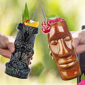 Tiki Mugs Cocktail Set of 4 - Tumblers Ceramic Hawaiian Luau Party Mugs Drinkware, Cute Exotic Cocktail Glasses, Tiki Bar Professional Hawaiian Party Barware, TKSET0003 (4PCS)