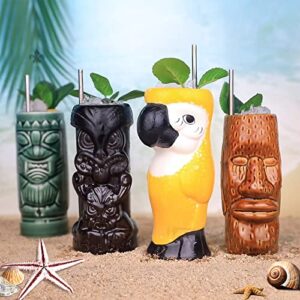 Tiki Mugs Cocktail Set of 4 - Tumblers Ceramic Hawaiian Luau Party Mugs Drinkware, Cute Exotic Cocktail Glasses, Tiki Bar Professional Hawaiian Party Barware, TKSET0003 (4PCS)