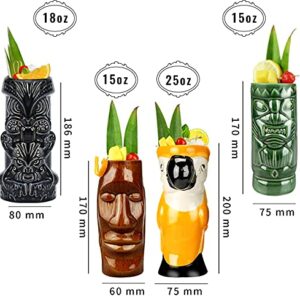 Tiki Mugs Cocktail Set of 4 - Tumblers Ceramic Hawaiian Luau Party Mugs Drinkware, Cute Exotic Cocktail Glasses, Tiki Bar Professional Hawaiian Party Barware, TKSET0003 (4PCS)