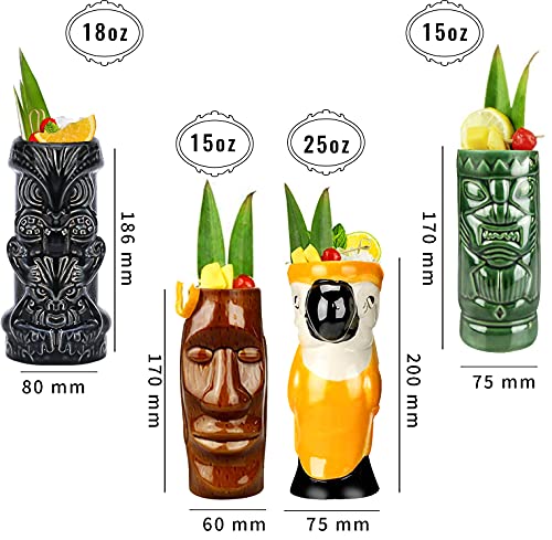 Tiki Mugs Cocktail Set of 4 - Tumblers Ceramic Hawaiian Luau Party Mugs Drinkware, Cute Exotic Cocktail Glasses, Tiki Bar Professional Hawaiian Party Barware, TKSET0003 (4PCS)