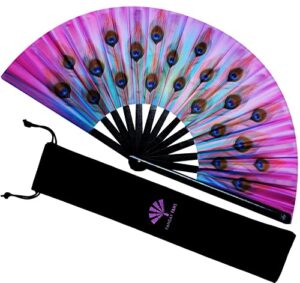 fansay fans - large bamboo rave festival hand fan for women/men - big folding fan w/velvet bag - festival clothing, rave accessories, clack fan, lgbt pride, decoration, gift (peacock candy)