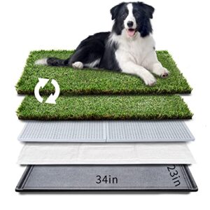 hq4us dog grass pad with tray large dog litter box toilet 34”×23”, 2×artificial grass for dogs,pee pad, realistic, bite resistance turf, less stink, potty for balcony,