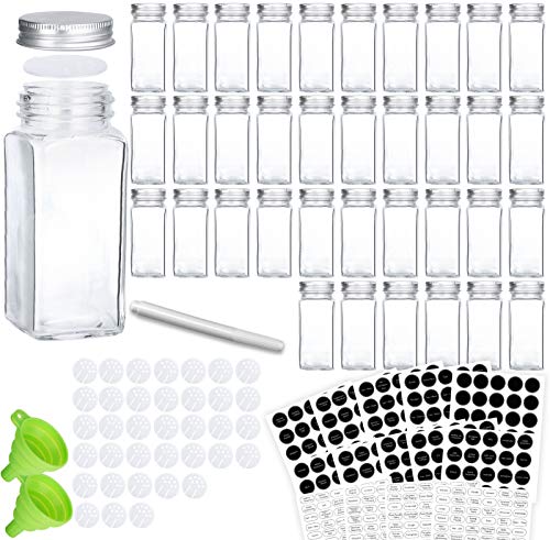 Glass Spice Jars, KAMOTA 36 PCS 4oz Empty Square Spice Bottles with Shaker Lids and Airtight Metal Caps - 662 Spice Labels Included.