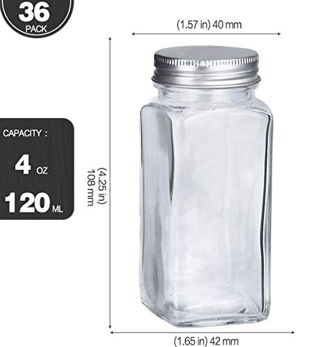 Glass Spice Jars, KAMOTA 36 PCS 4oz Empty Square Spice Bottles with Shaker Lids and Airtight Metal Caps - 662 Spice Labels Included.