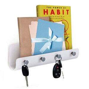 self-adhesive wall mount mail letter holder with 4 key hooks organizer ~ holds car/house keys, leashes, mails, phones (white)