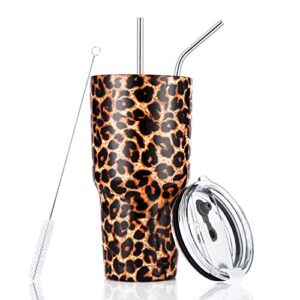 30oz leopard tumbler stainless steel insulated travel mug with straw lid cleaning brush (30 oz leopard), 1 count (pack of 1)