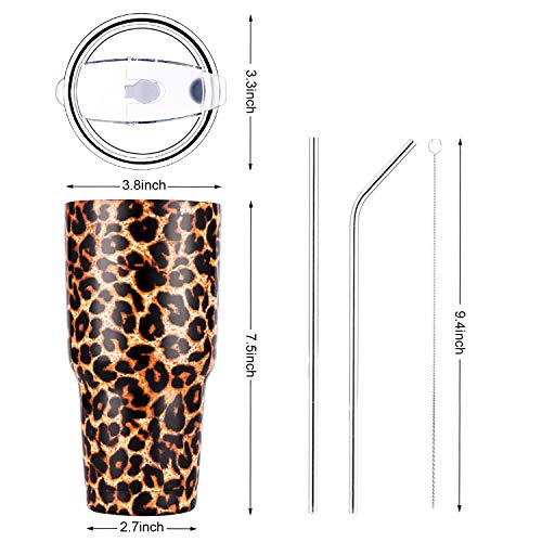 30oz Leopard Tumbler Stainless Steel Insulated Travel Mug with Straw Lid Cleaning Brush (30 oz Leopard), 1 Count (Pack of 1)